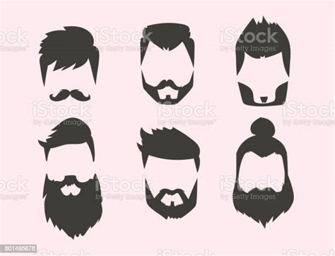 Hipster 복고풍 머리 스타일 콧수염 빈티지 오래 된 면도 남자 얼굴 수염 머리 절연 일러스트 레이 션의 벡터 세트 검은색에