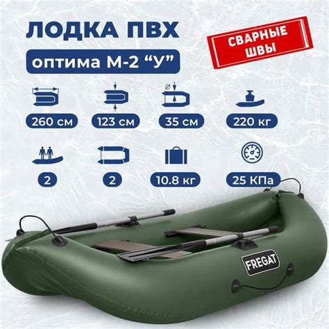 Лодка ПВХ Фрегат М-2 У, 260 см, двухместная, Сварные швы, зелёная ...