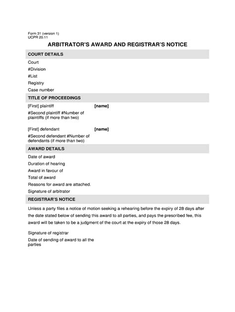 Fillable Online Nsw Ucpr Form 31 Arbitrators Award And Registrars Notice Fax Email Print