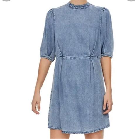 Aware By Vero Moda Berta Puff Sleeve Chambray Dress In Light Blue Denim
