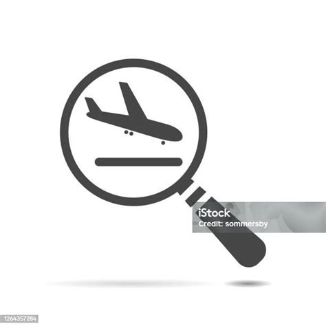 흰색 배경에 돋보기와 공항 비행기 도착 아이콘 검색 항공 비행 표지판 플랫 개념에 대한 스톡 벡터 아트 및 기타 이미지 개념