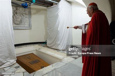 A Priest Observes The Coffin Of Pope Emeritus Benedict Xvi In The