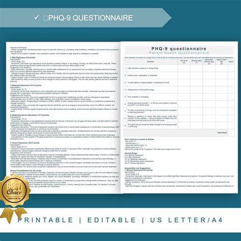 Printable Phq 9 Questionnaire Phq 9 Depression Test Phq 9 Self Assessment Phq 9 Depression