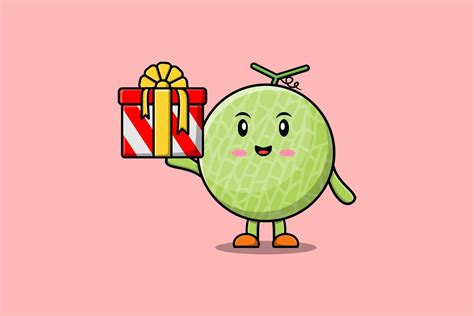 Personnage De Dessin Animé Mignon Melon Tenant Une Boîte Cadeau