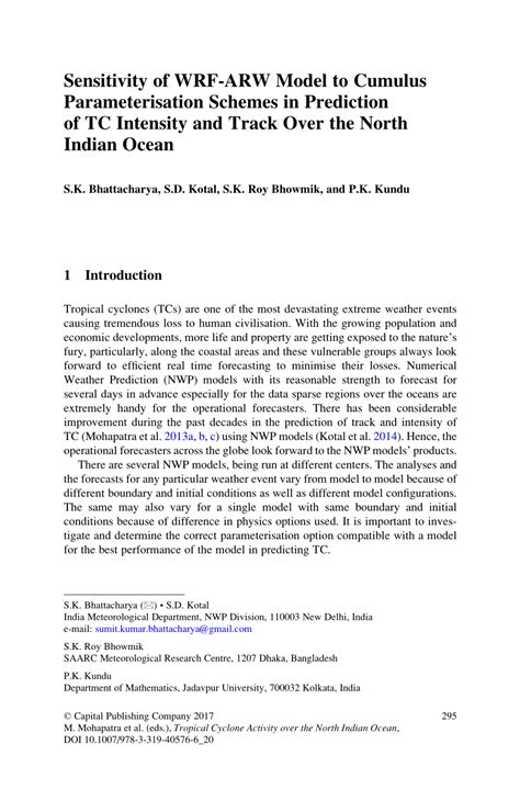 Pdf Sensitivity Of Wrf Arw Model To Cumulus Parameterisation Schemes In Prediction Of Tc
