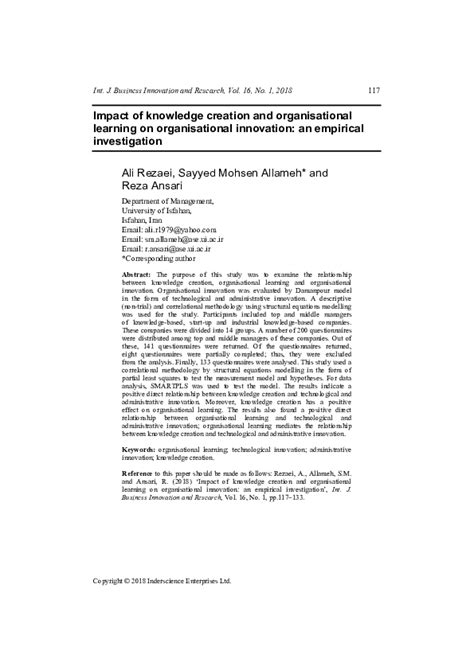 Pdf Impact Of Knowledge Creation And Organisational Learning On