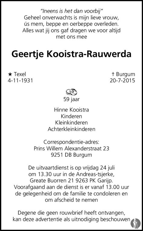 Geertje Kooistra Rauwerda 20 07 2015 Overlijdensbericht En