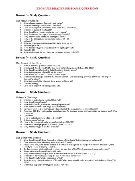 Beowulf Reader Response Questions Pdf Beowulf English Heroic Legends