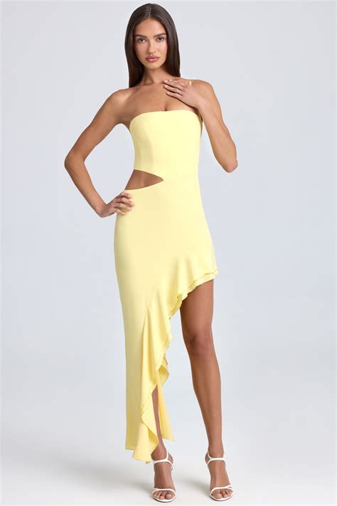Bandeau Cut Out Ruffle Trim Maxi Dress In Lemon Sherbet Oh Polly
