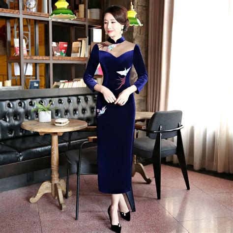 Blue Winter Evening Dresses Long Sleeve Cheongsam Fashion Chinese