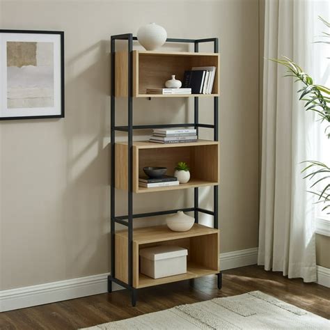 Walker Edison Contemporary 64 Metal And Wood 3 Cubby Bookshelf Coastal Oak