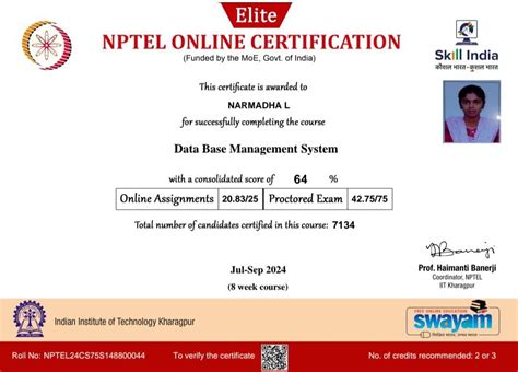 Narmadha Loganathan On Linkedin Nptel Dbms Elitecertification Learning