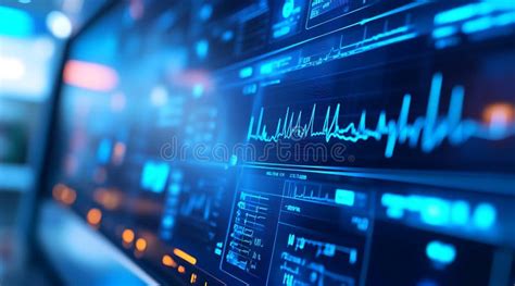 Illuminated Display Screen Showing Waveforms And Data Graphs In Blue Conveying Technology And