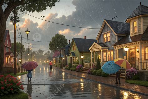Cozy Cartoon Rainy Neighborhood With Colorful Umbrellas Background
