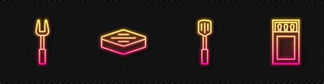 세트 라인 바베큐 주걱 포크 스테이크 고기와 성냥갑과 성냥 빛나는 네온 아이콘입니다 벡터 고기에 대한 스톡 벡터 아트 및 기타 이미지 Istock