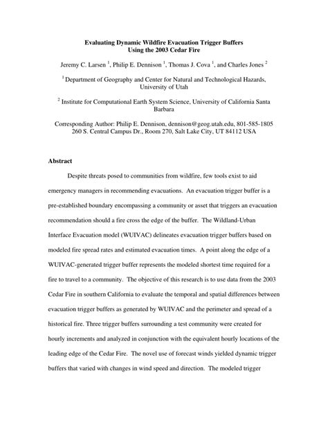 Pdf Evaluating Dynamic Wildfire Evacuation Trigger Buffers Using The 2003 Cedar Fire