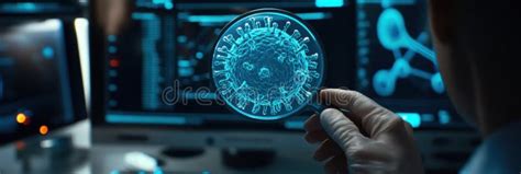 Scientist Examining Holographic Virus Structure In Futuristic Lab With Advanced Technology Stock