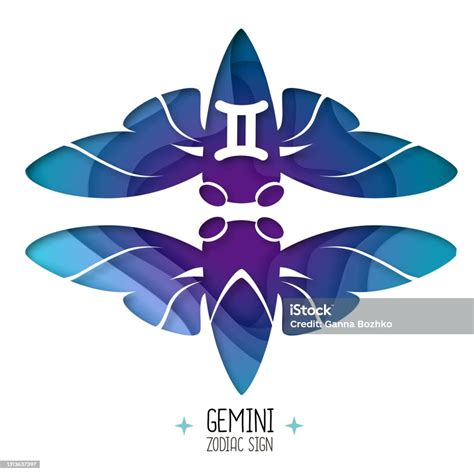 巫術卡與占星術雙子星星座 蝴蝶或青苔標誌設計切出紙藝術風格的設計向量圖形及更多蝴蝶圖片 蝴蝶 側影 剪裁圖 Istock