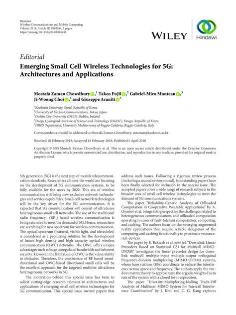 Pdf Emerging Small Cell Wireless Technologies For 5g Architectures