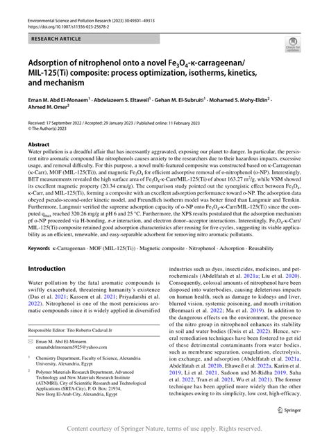 Pdf Adsorption Of Nitrophenol Onto A Novel Fe3o4 κ Carrageenanmil
