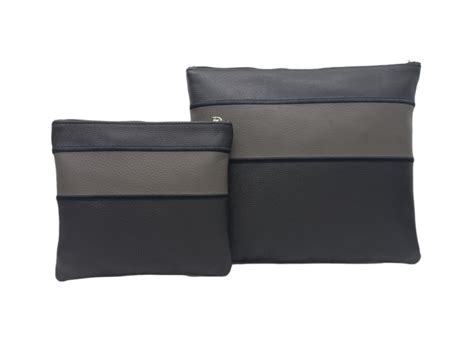 סט מעור לטלית ותפילין מעור שחור מחוספס ופס אפור ורקמה C88 עור והדר