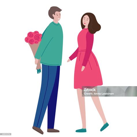 남자는 여성에게 꽃을 준다 발렌타인 데이에 꽃의 여자 꽃다발을 주는 젊은 남자 사랑에 행복한 로맨틱 한 커플 흰색 배경에 격리 된 벡터 플랫 만화 그림입니다 공휴일에 대한