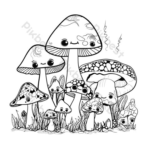 Outline Sketch Ptsd Coloring Pages Of Cute Kawaii Mushrooms In The Drawing Vector PNG Images