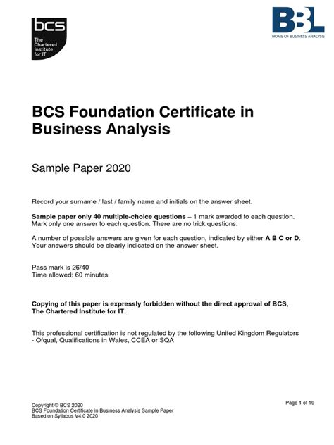 Bcs Foundation V4 0 Sample Paper Bbl Pdf Business Analysis Use Case