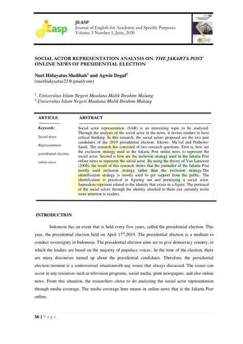 Pdf Social Actor Representation Analysis On The Jakarta Post Online News Of Presidential Election