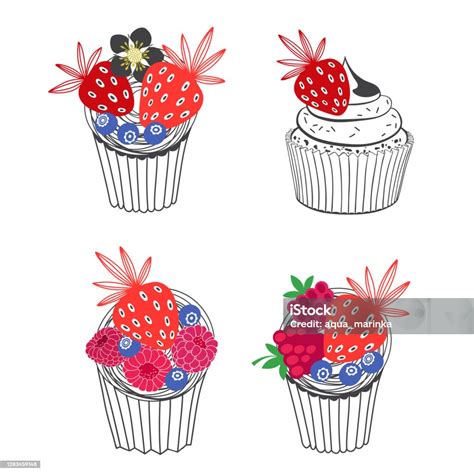 흰색 배경에 고립 된 컵 케이크 세트 흰색에 손으로 그린 벡터 그림 디자인 로고 메뉴 스티커 휴일 파티 초대 인사말 과 감사 카드에 대한 고립 된 요소 감사합니다에 대한