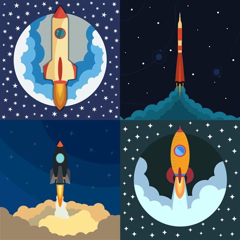 Set Of Four Space Rocket Ship In Round Piece Space Rocket Launch