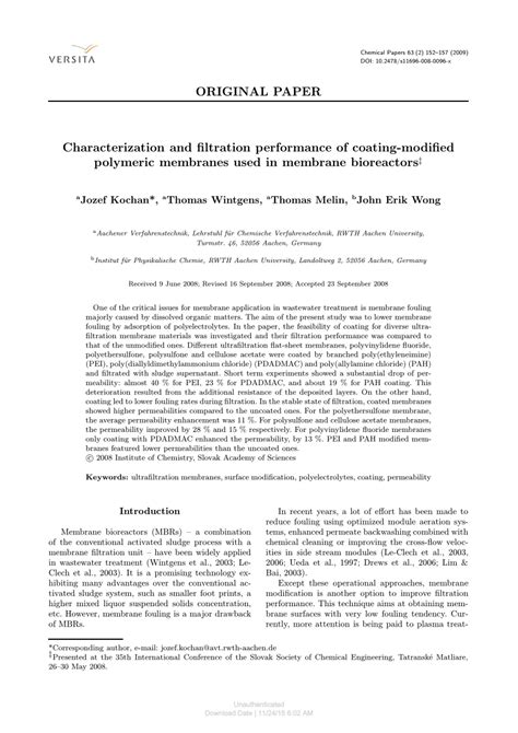 Pdf Characterization And Filtration Performance Of Coating Modified Polymeric Membranes Used