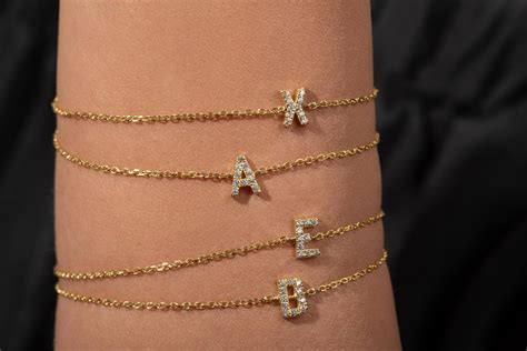 14k Gold Initial Bracelet Solid Gold Bracelet With Diamonds Etsy