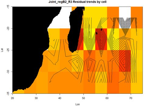 Trends In Temporal Residuals By Grid Cell For Temperate Bigeye Regions