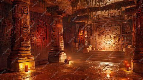 An Ancient Underground Temple With Stone Columns And Walls Covered In