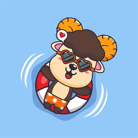 Premium Vector Cute Ram Sheep In Sunglasses Float With Buoy Cute