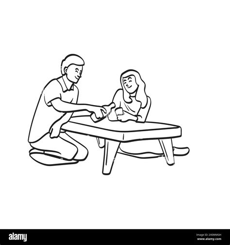 Man Pouring Tea On Cup Of His Girlfriend On Small Table Illustration
