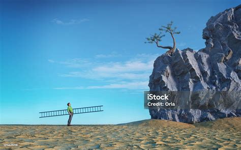 남자는 사다리를 들고 큰 바위를 오르기 위해 위를 올려다 본다 이것은 3d 렌더링 그림입니다 개념에 대한 스톡 사진 및 기타