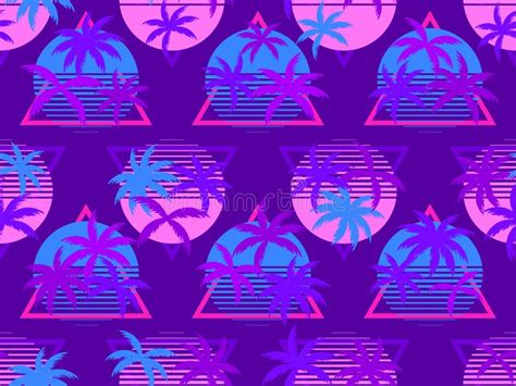 Palm Trees And Retro Sun In The Style Of The 80s Seamless Pattern In
