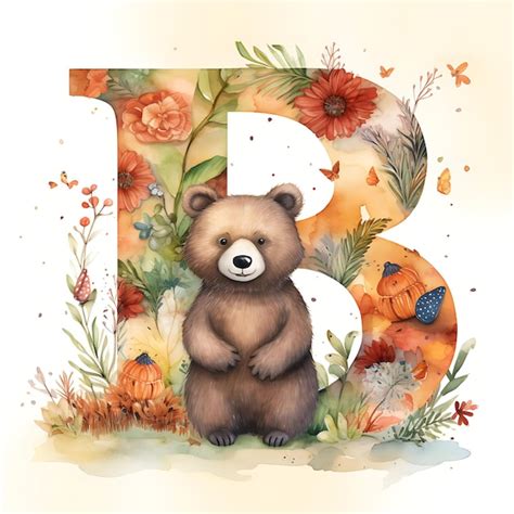 Letra B con un lindo oso abrazando la letra B Warm Brown Co para niños Diseño creativo Ideas del