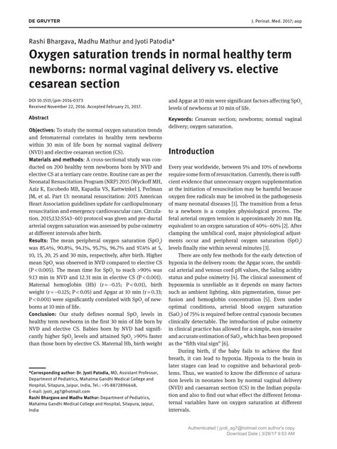 Pdf Oxygen Saturation Trends In Normal Healthy Term Newborns Normal