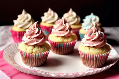 Premium Ai Image Cupcakes With Pink Frosting And Sprinkles On A Plate