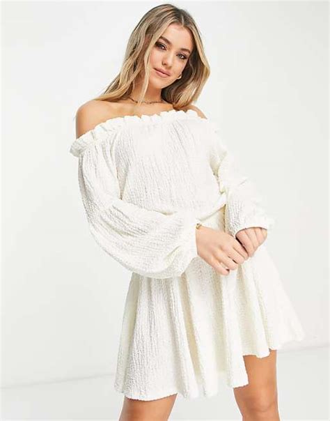 Asos Design Langärmliges Bardot Minikleid In Elfenbein Mit Struktur