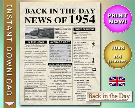 The Year You Were Born 1954 Celebration News Poster Back In Etsy Uk