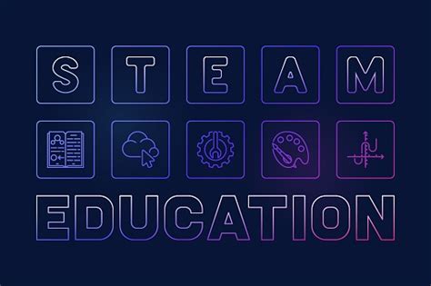 Steam 교육 최소 윤곽선 파란색 배너 과학 개념 선형 현대 수평 그림 Stem 주제에 대한 스톡 벡터 아트 및 기타 이미지