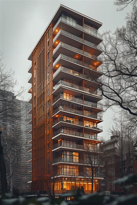 A Wooden Modern High Building With Multiple Windows Stock Image Image