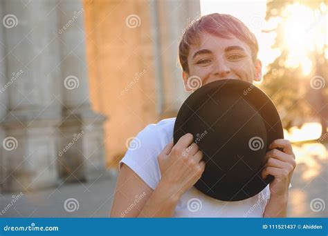Beautiful Woman Hiding Face Behind Hat Showing Eyes Stock Image Image