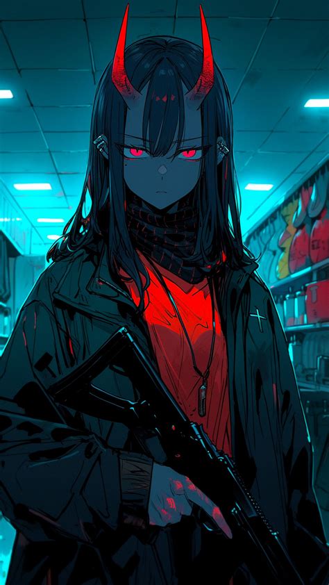 Download Wallpaper 1350x2400 Girl Demon Horns Weapons Machine Gun