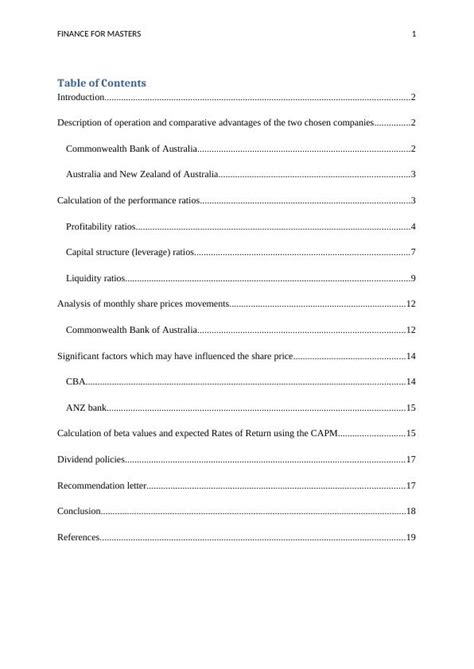 Masters Finance Comparative Analysis Of Cba And Anz