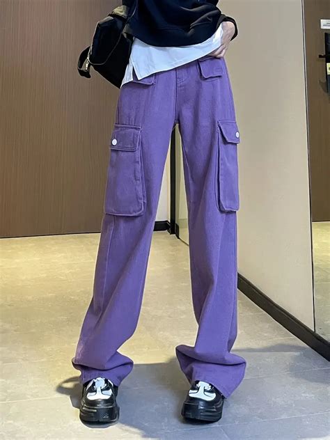 High Rise Purple Flap Pockets Stacked Cargo Pants Straight Legs Loose